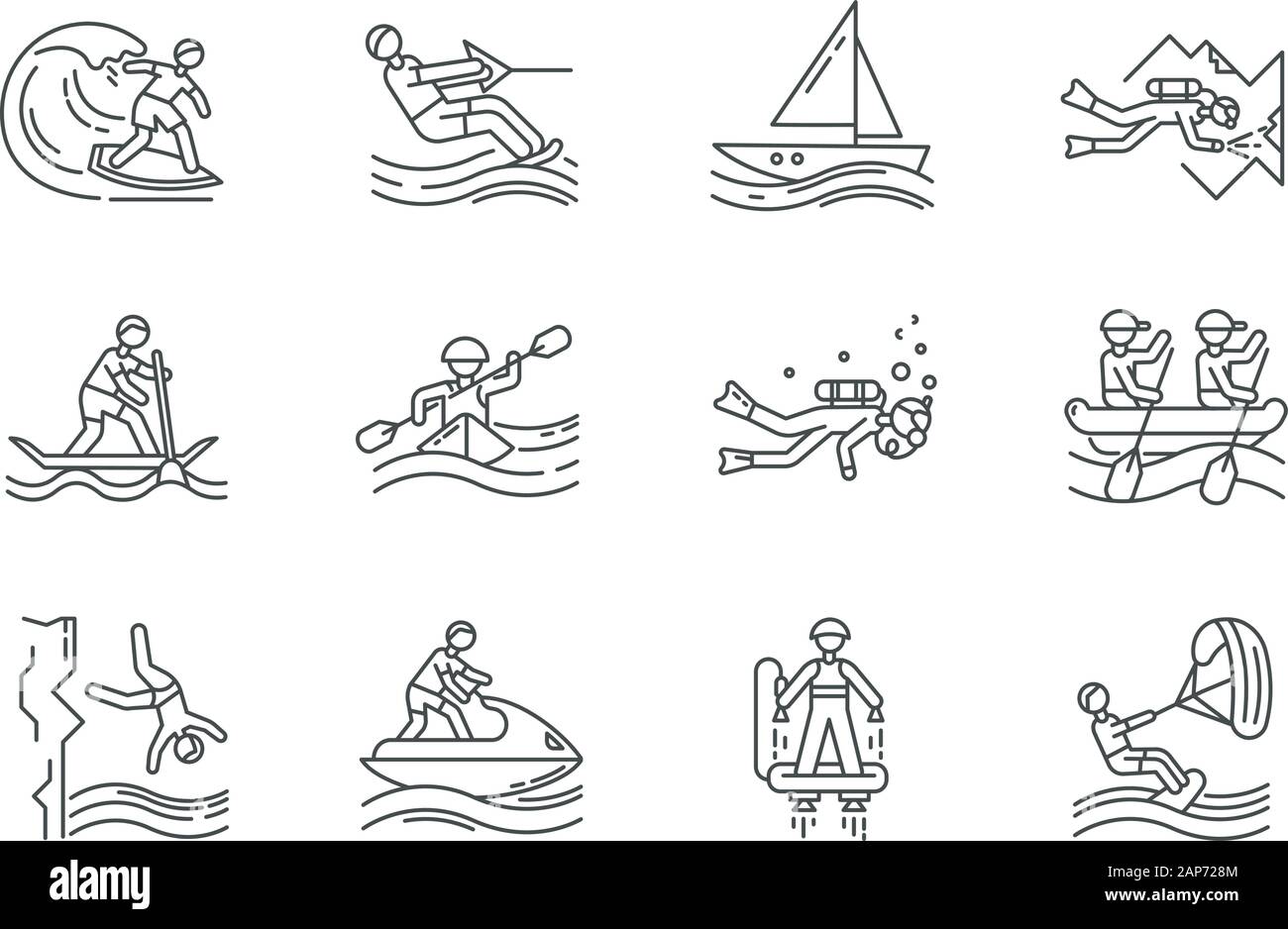 Watersports linear icons set. Cave diving, kiteboarding, flyboarding ...