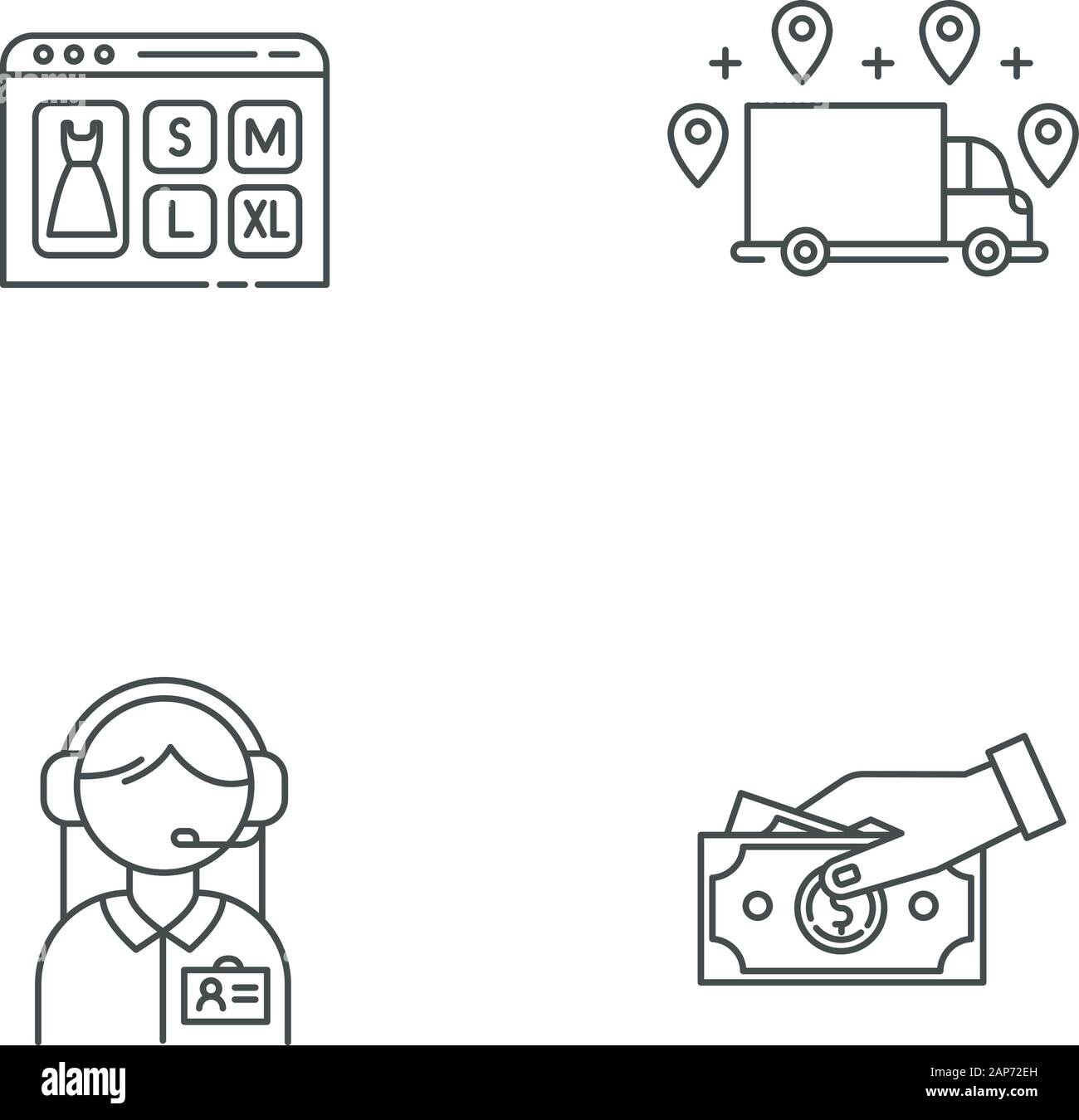 Digital commerce linear icons set. Online shopping. Ordering delivery ...
