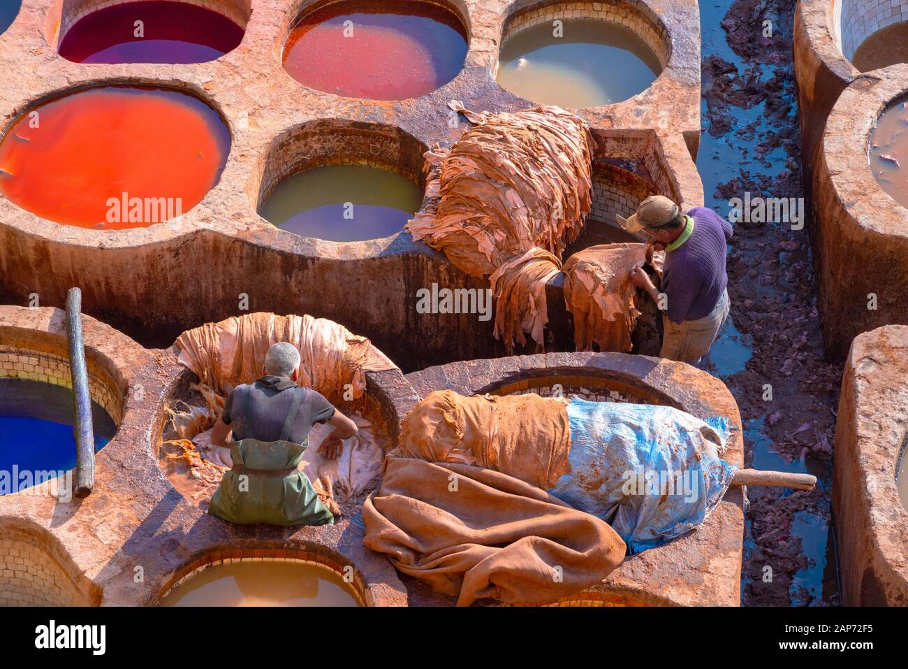 Leather dying in a traditional tannery in the city Fes, Morocco Stock ...
