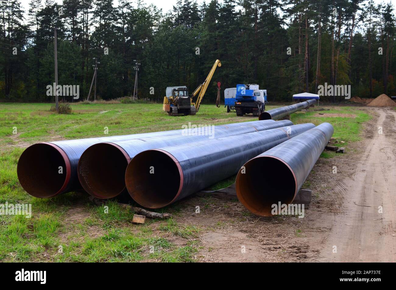 Natural gas pipeline construction work. A dug trench in the ground for ...