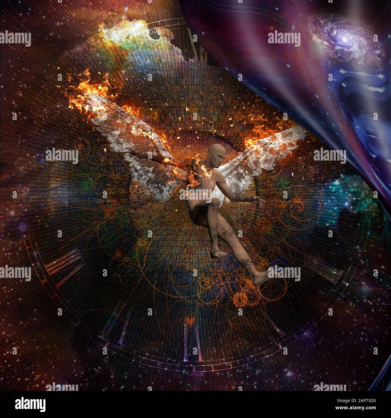 Surrealism. Clock. Man with burning wings symbolizes falling angel ...