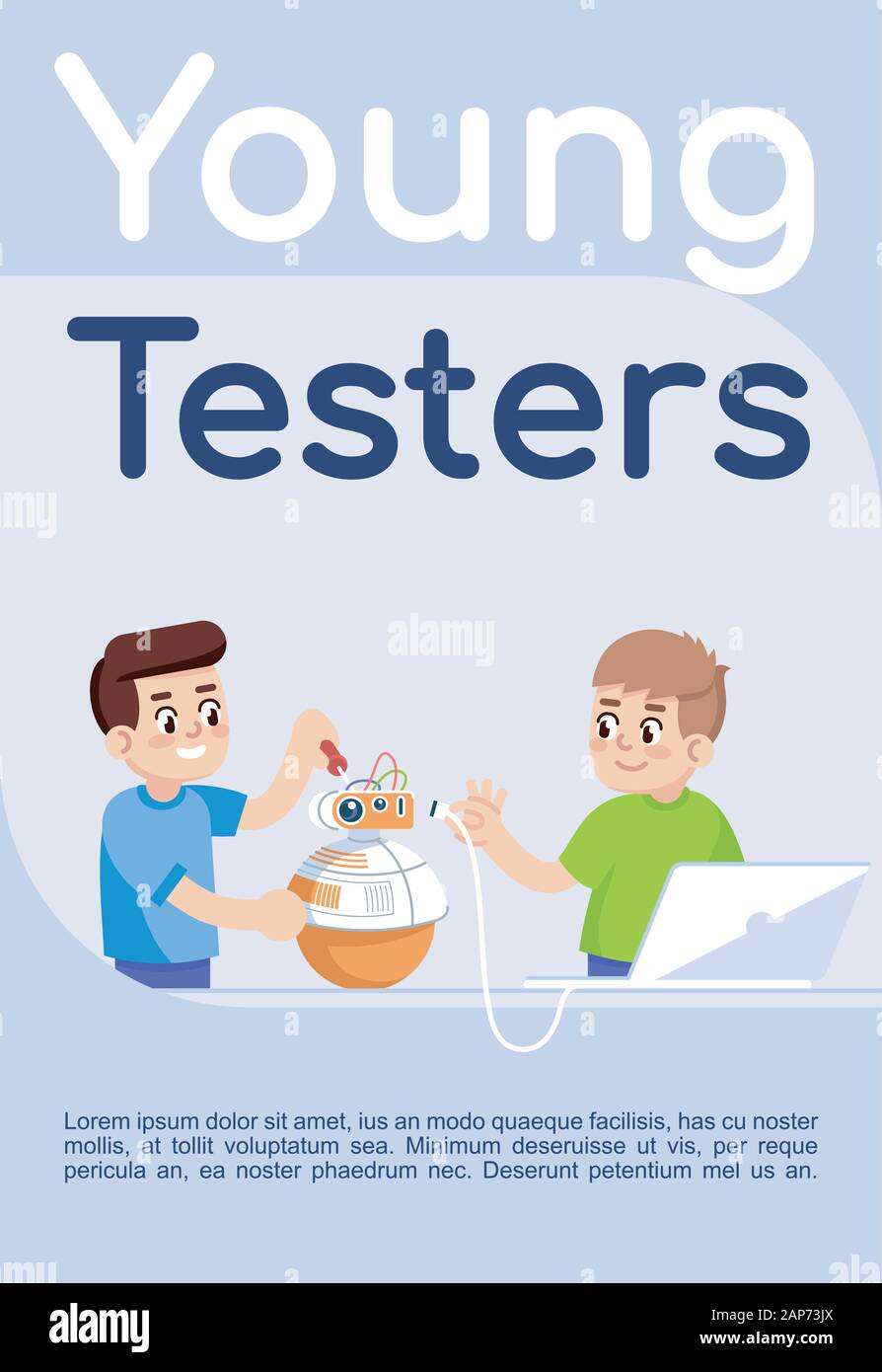 Young testers poster vector template. Kids robotics courses. Brochure ...
