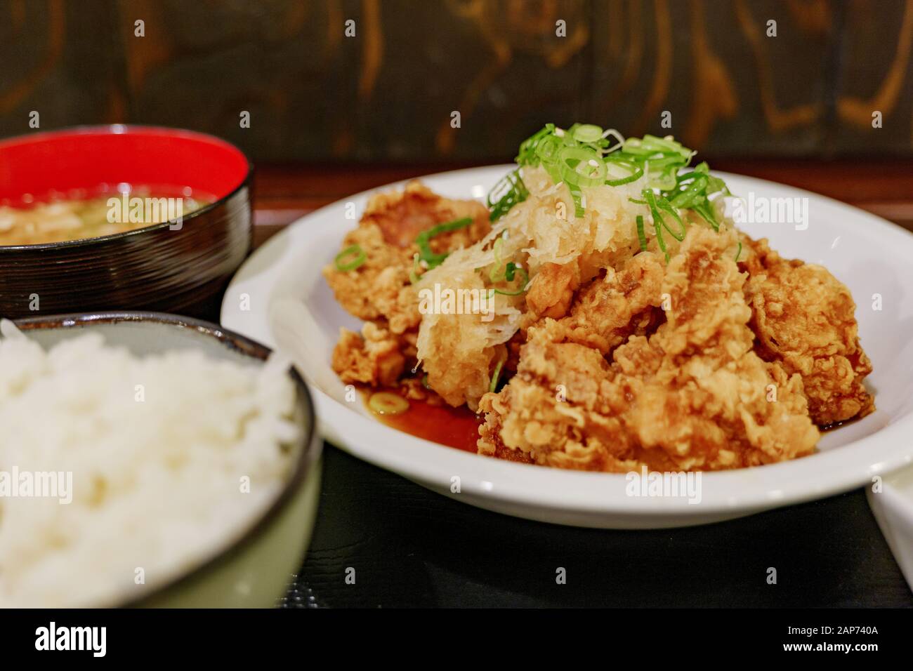 Selected focus view at fried chicken of Japanese style Deep fried ...