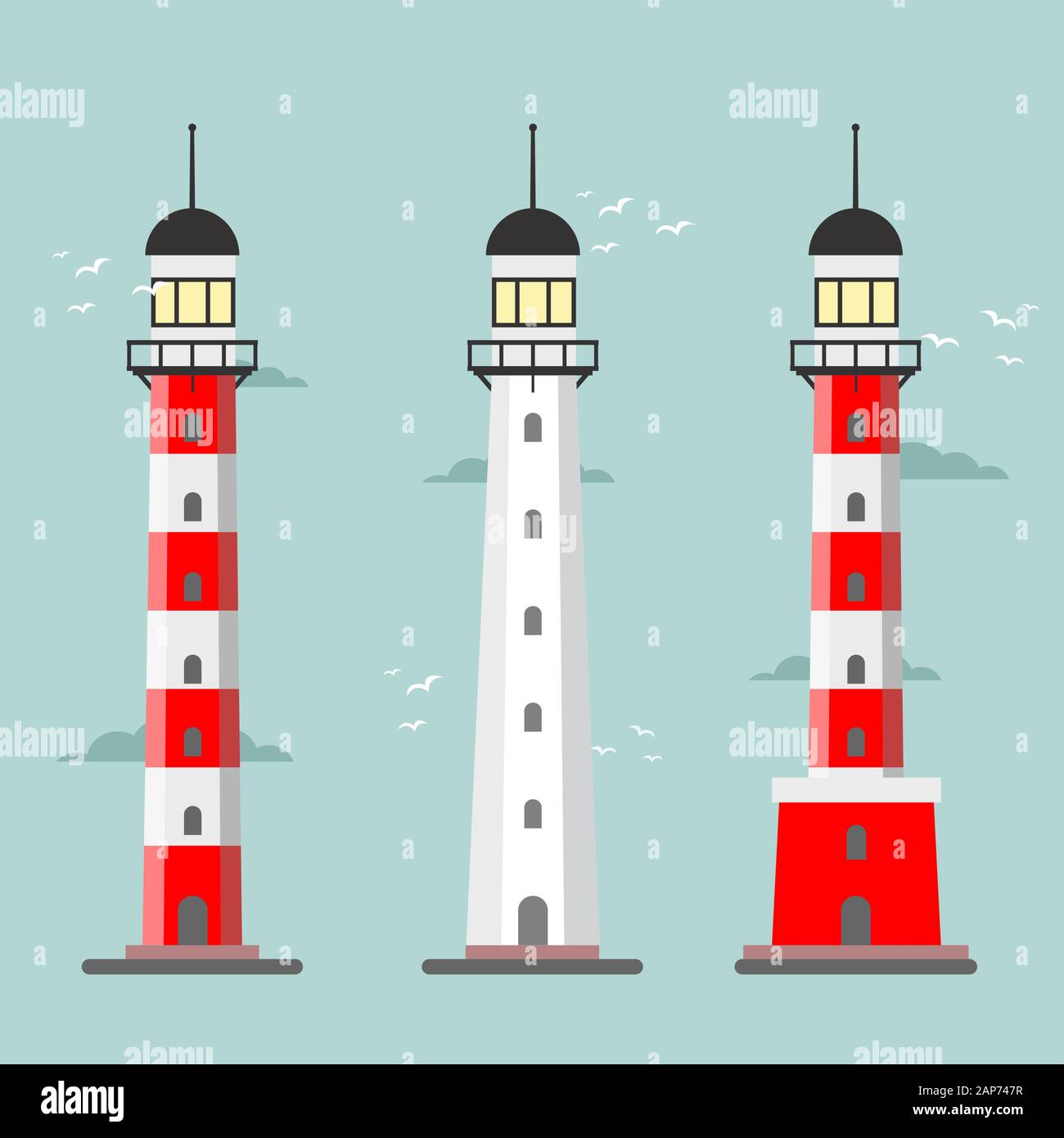 Set of cartoon lighthouses. Searchlight towers for maritime ...