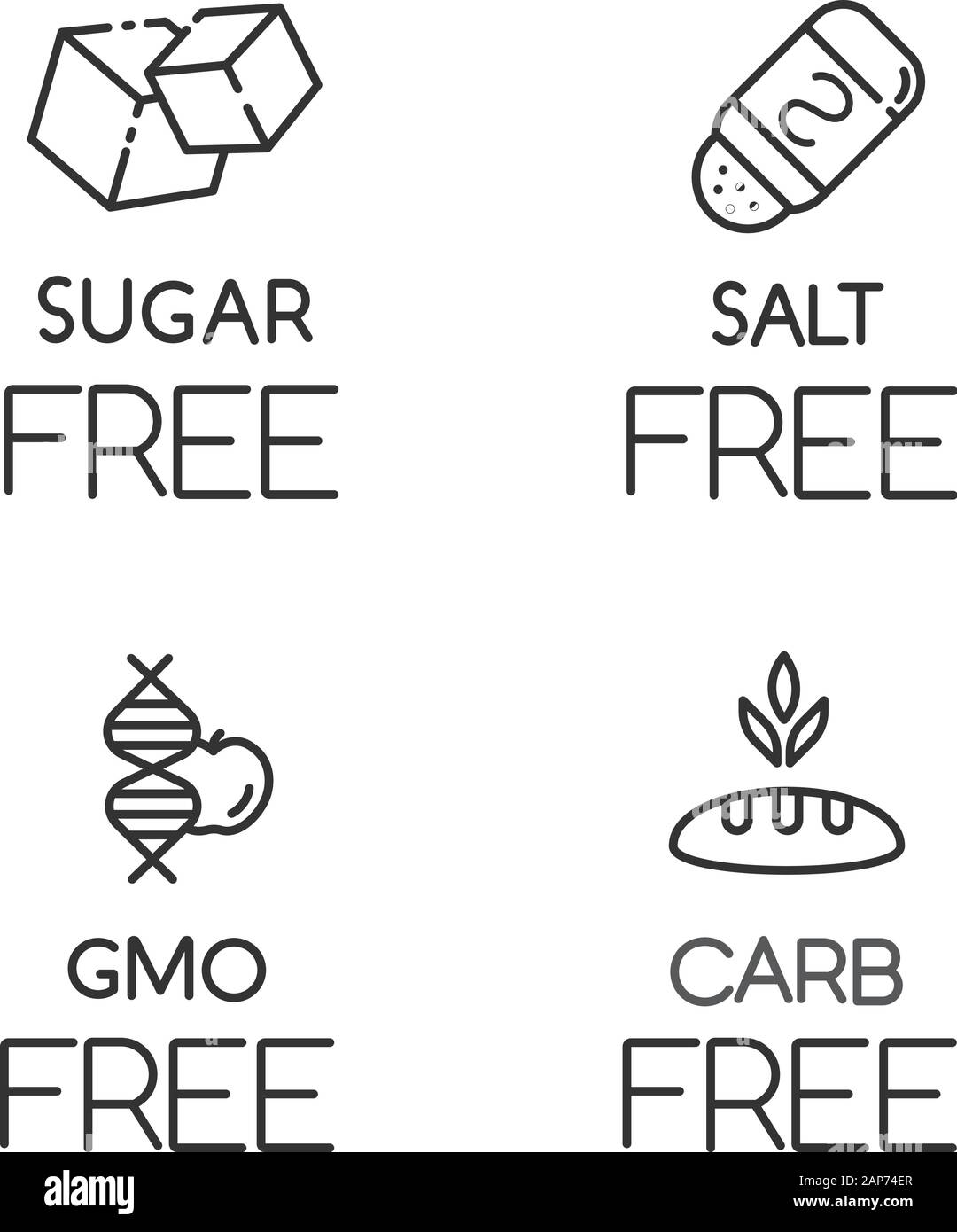 Product free ingredient linear icons set. No sugar, salt, gmo, carbs ...