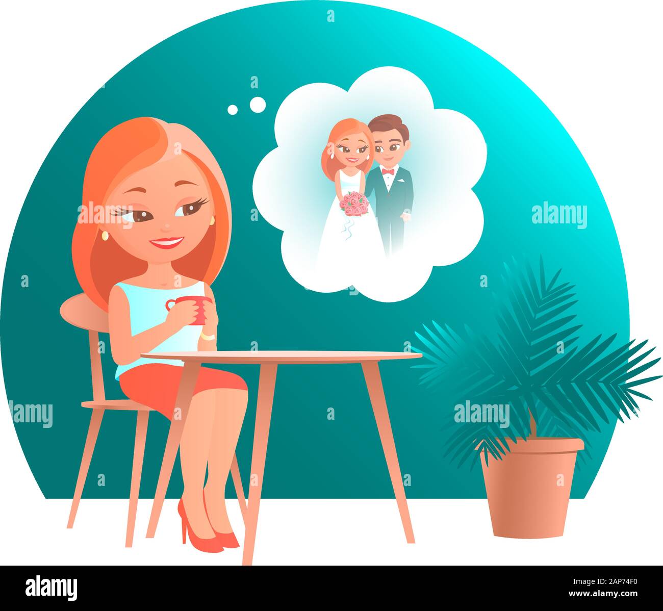 Cute cartoon girl sitting at a table in a cafe. He dreams of his future ...