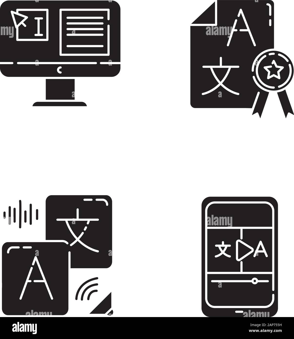 Machine translation glyph icons set. Audio and video instant online ...