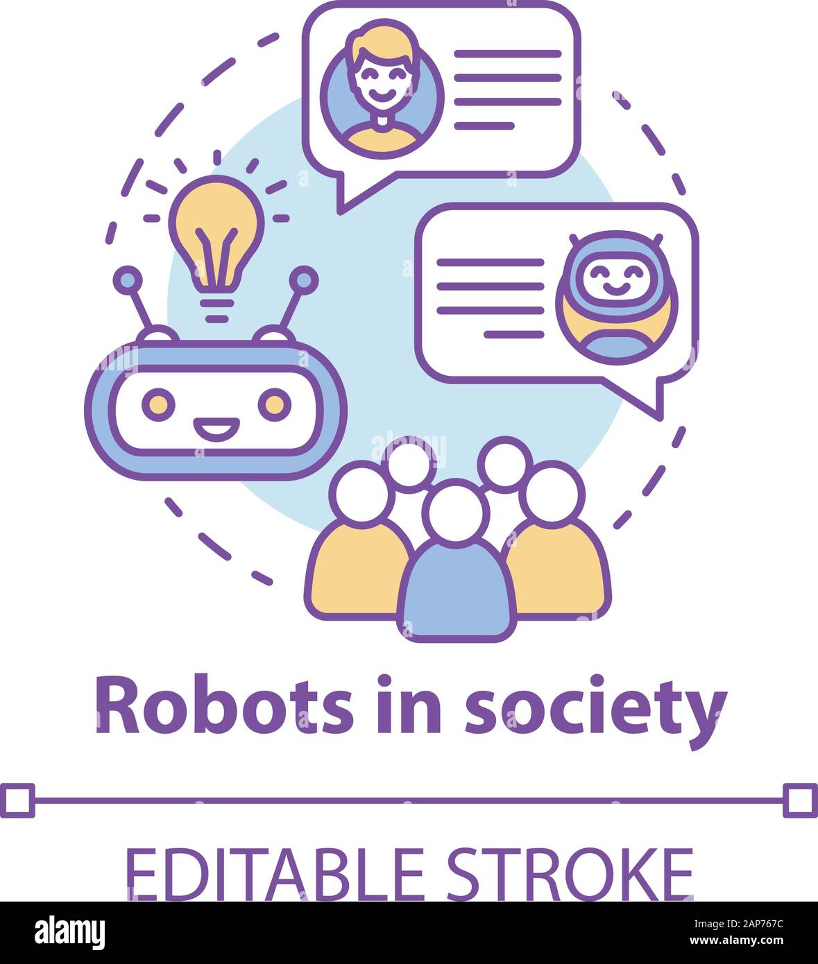 Robots in society concept icon. Communication with artificial ...