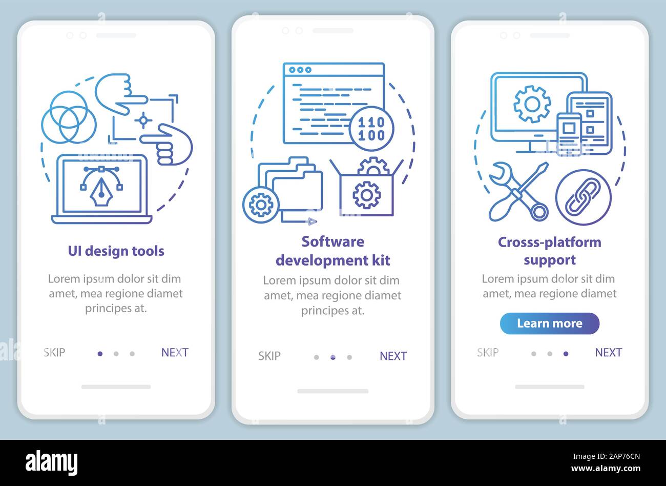 Software development onboarding mobile app page screen vector template. Application programming ...