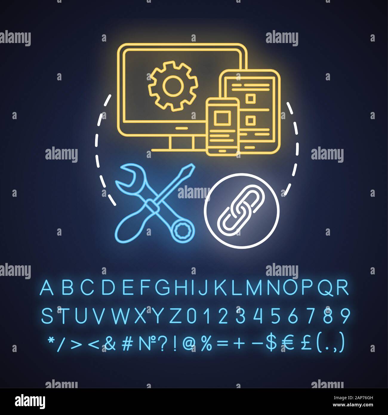 Cross-platform support neon light concept icon. Software development ...