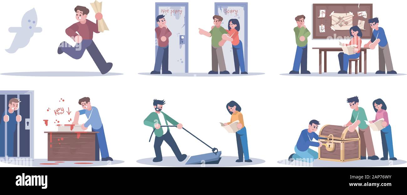 People in escape room flat vector illustrations set. Friends solving ...