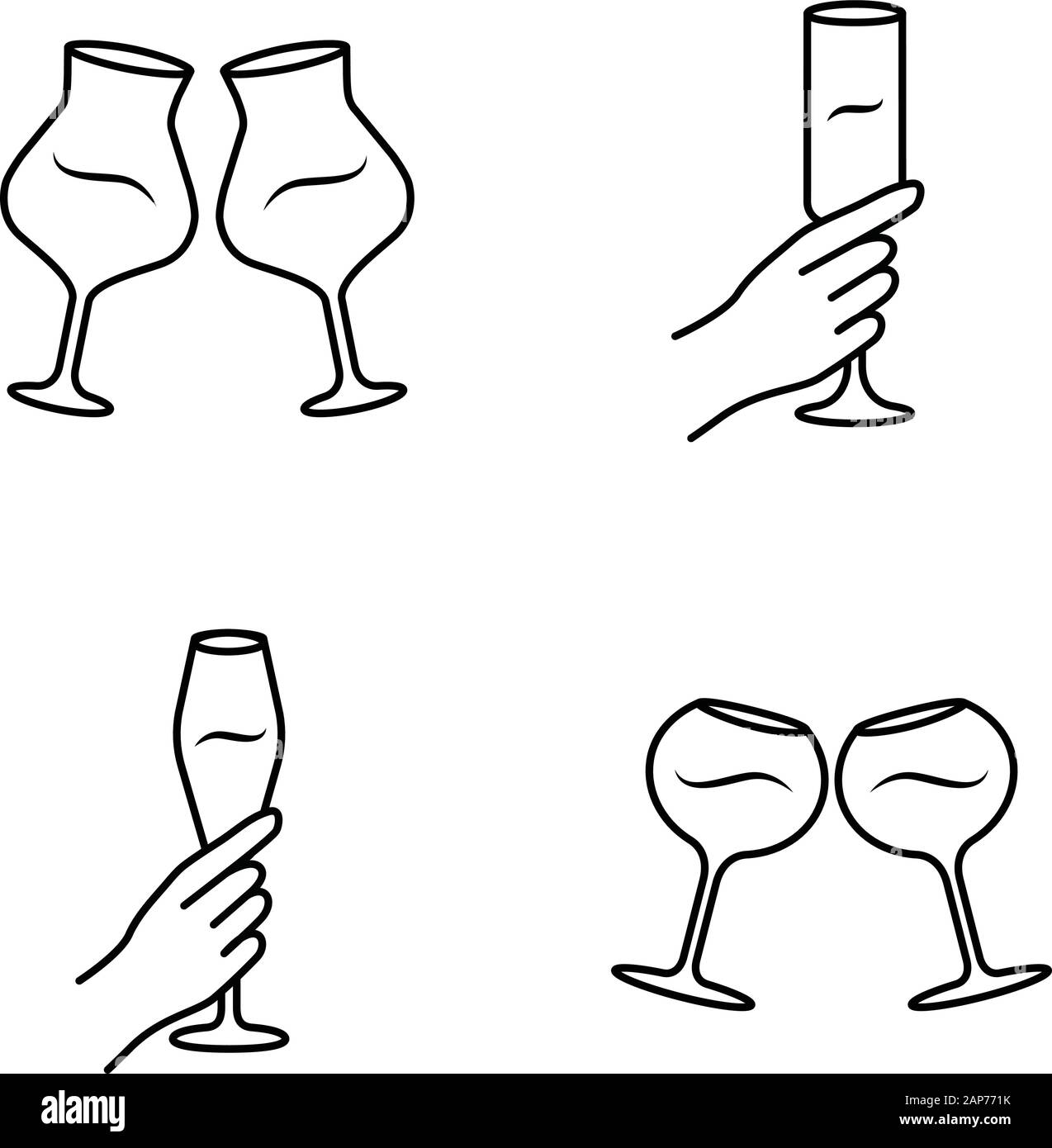 Wine service linear icons set. Clinking wine glasses. Hands holding ...