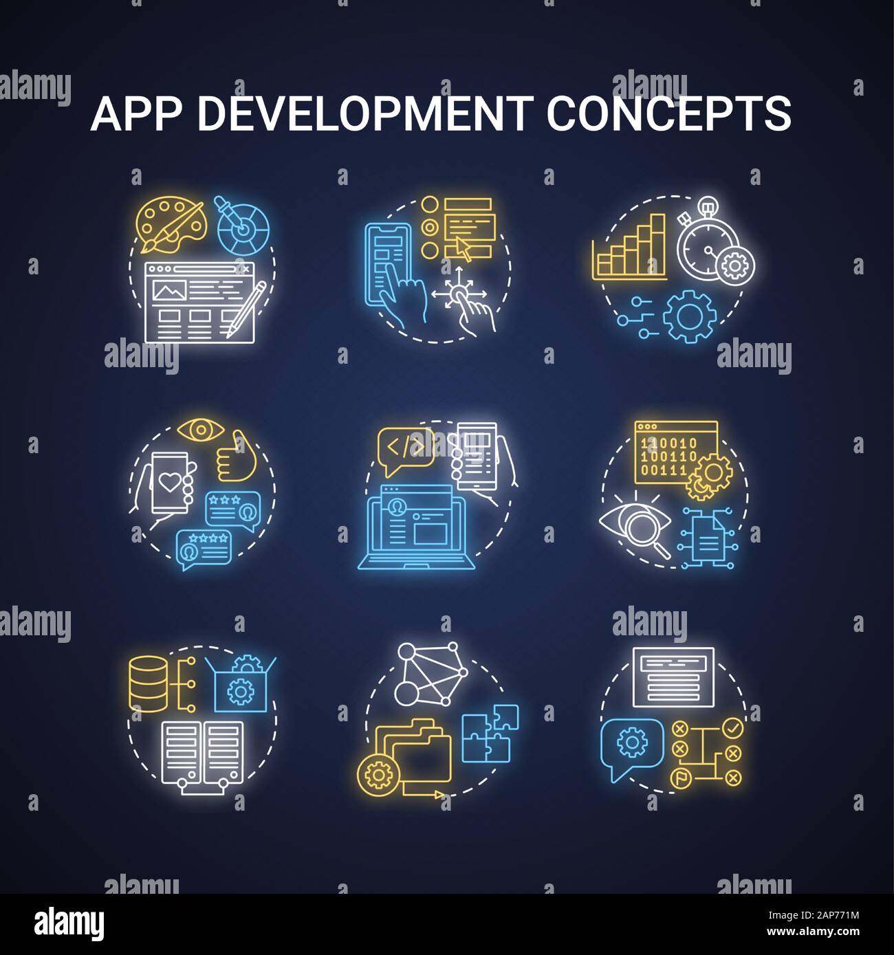 App development neon light concept icons set. Software programming idea ...