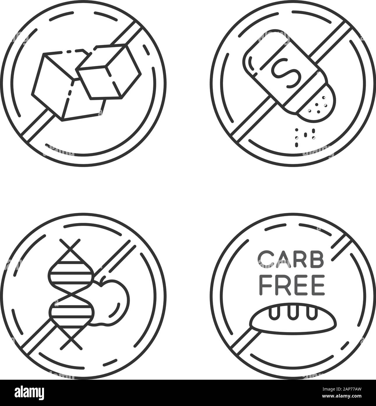 Product free ingredient linear icons set. No sugar, salt, gmo, carb ...