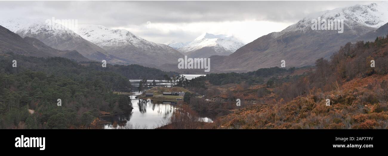 Snow capped mountains shining in the sun at Glen Affric, Cannich ...