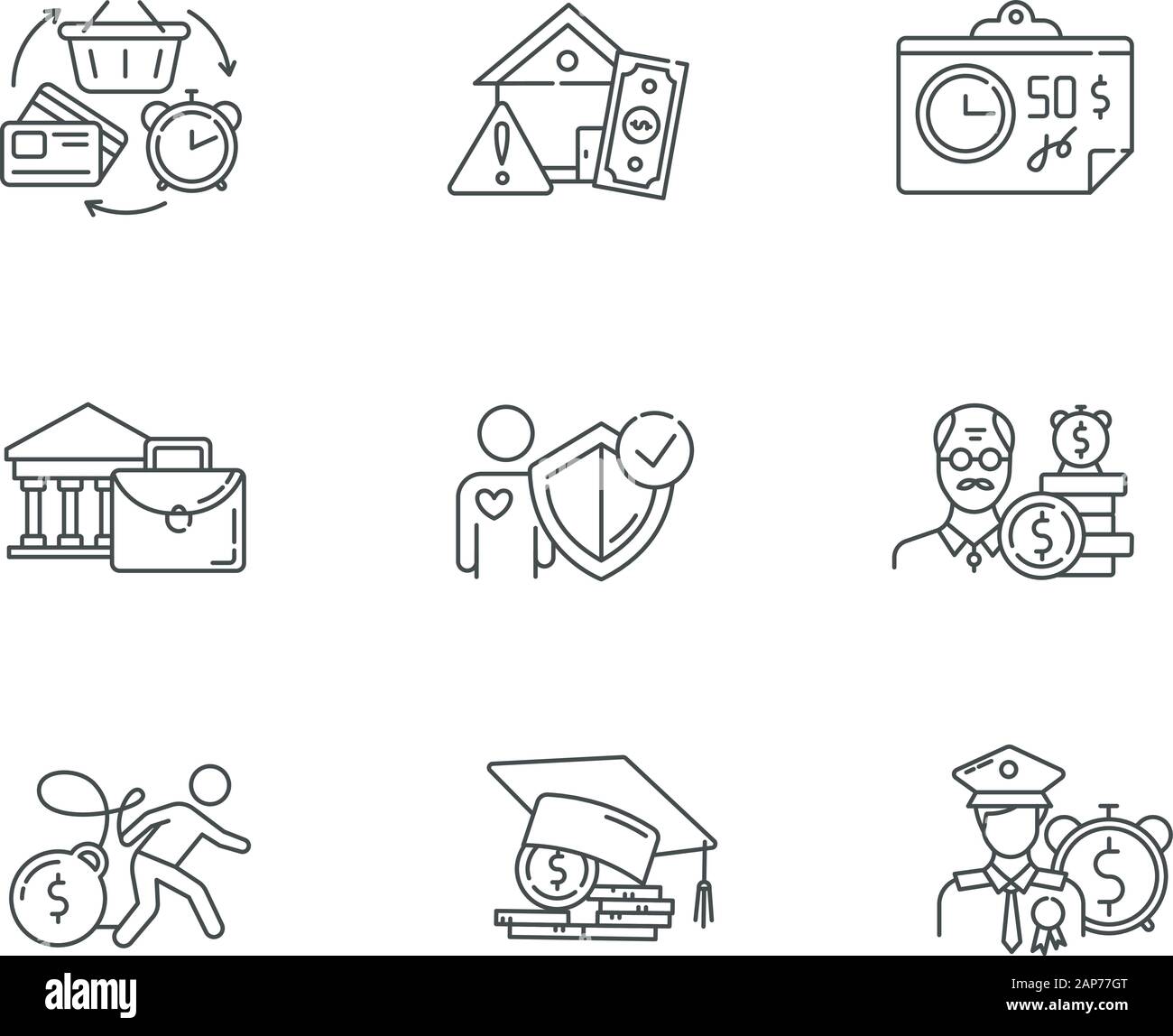 Credit linear icons set. Borrowing from retirement. Student loan debt ...
