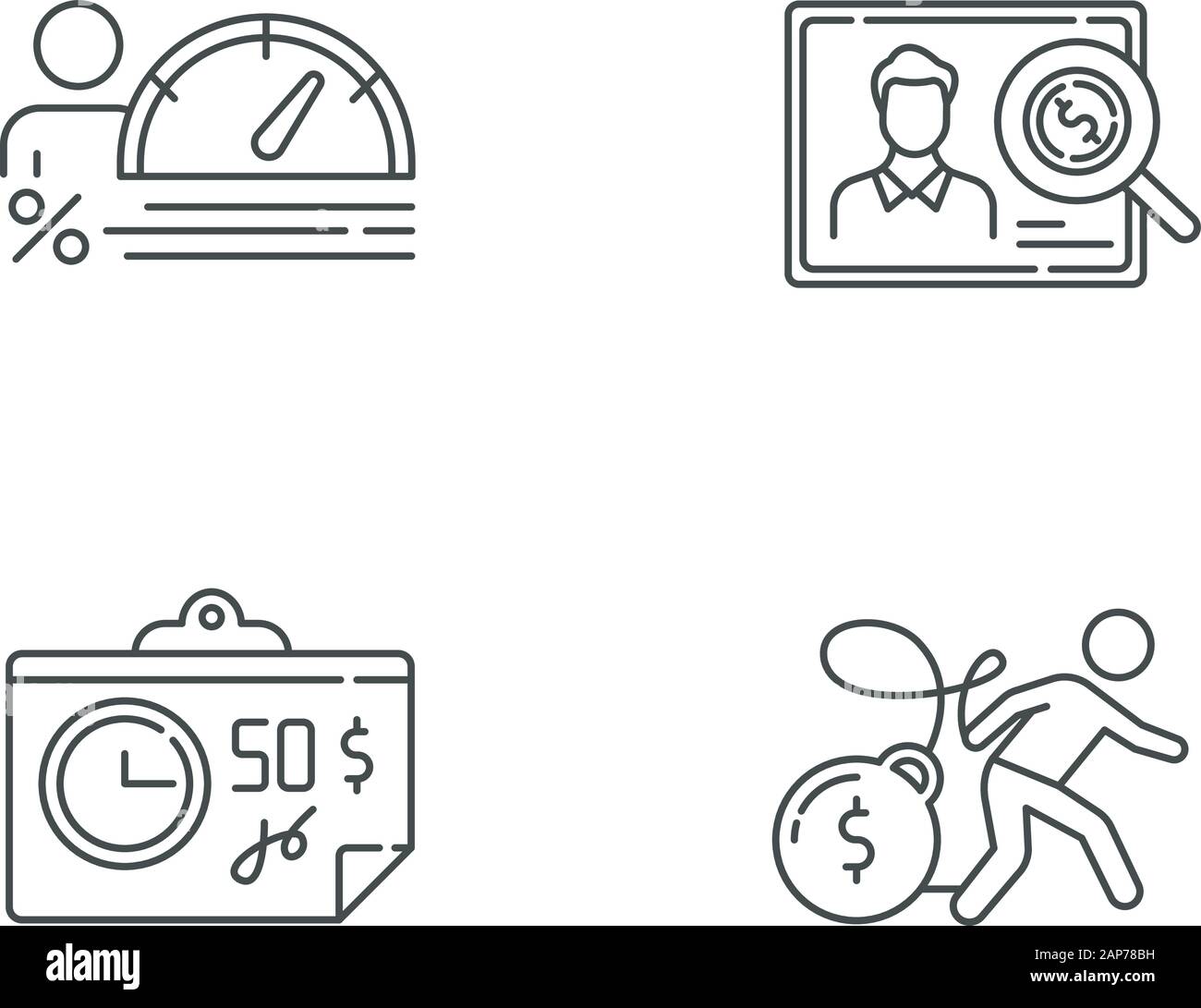 Credit linear icons set. Personal creditworthiness report. Bunkrapcy ...