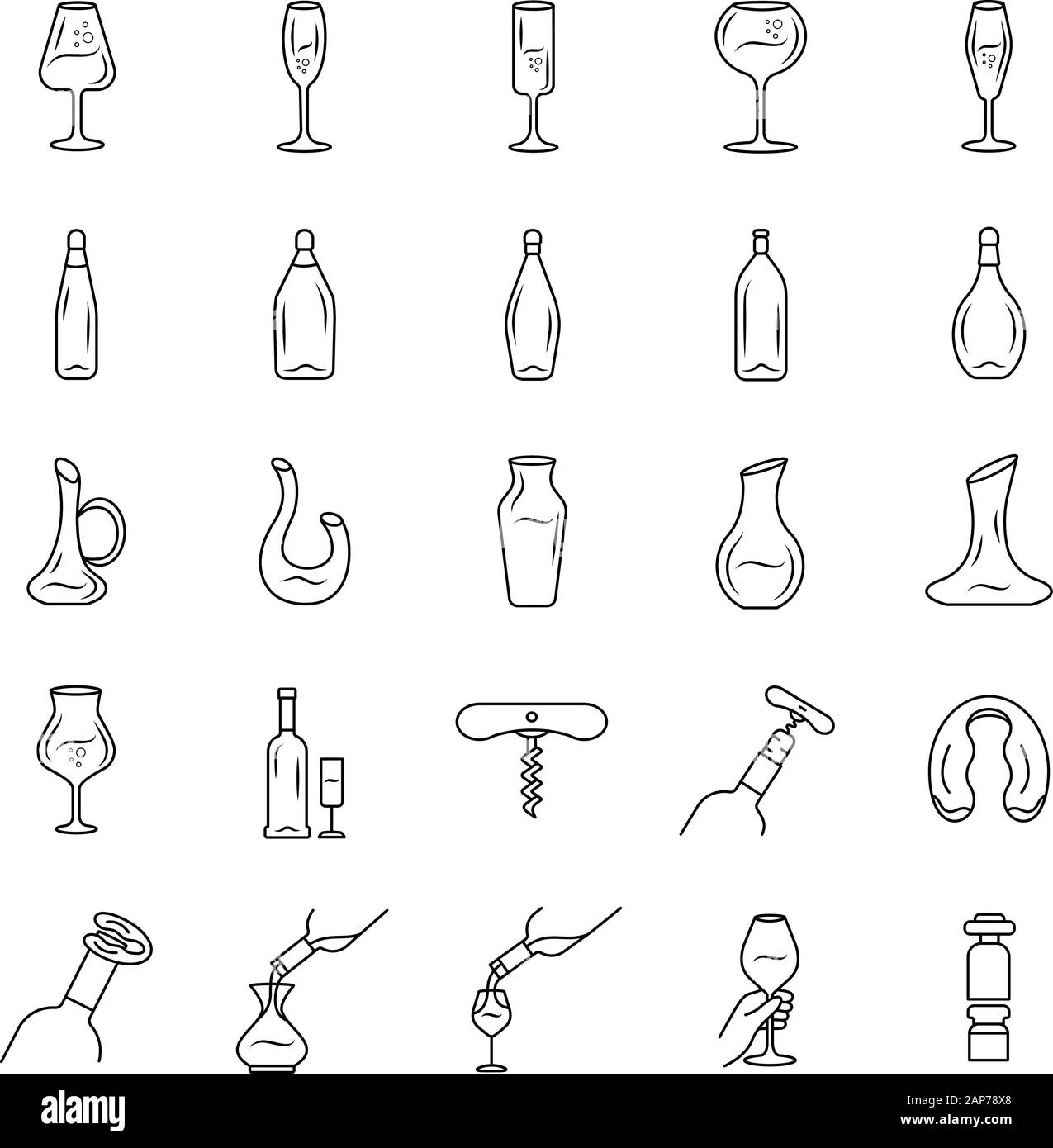 Wine Service Linear Icons Set Aperitif Drink Bottle Thin Line Contour Symbols Alcohol Beverage
