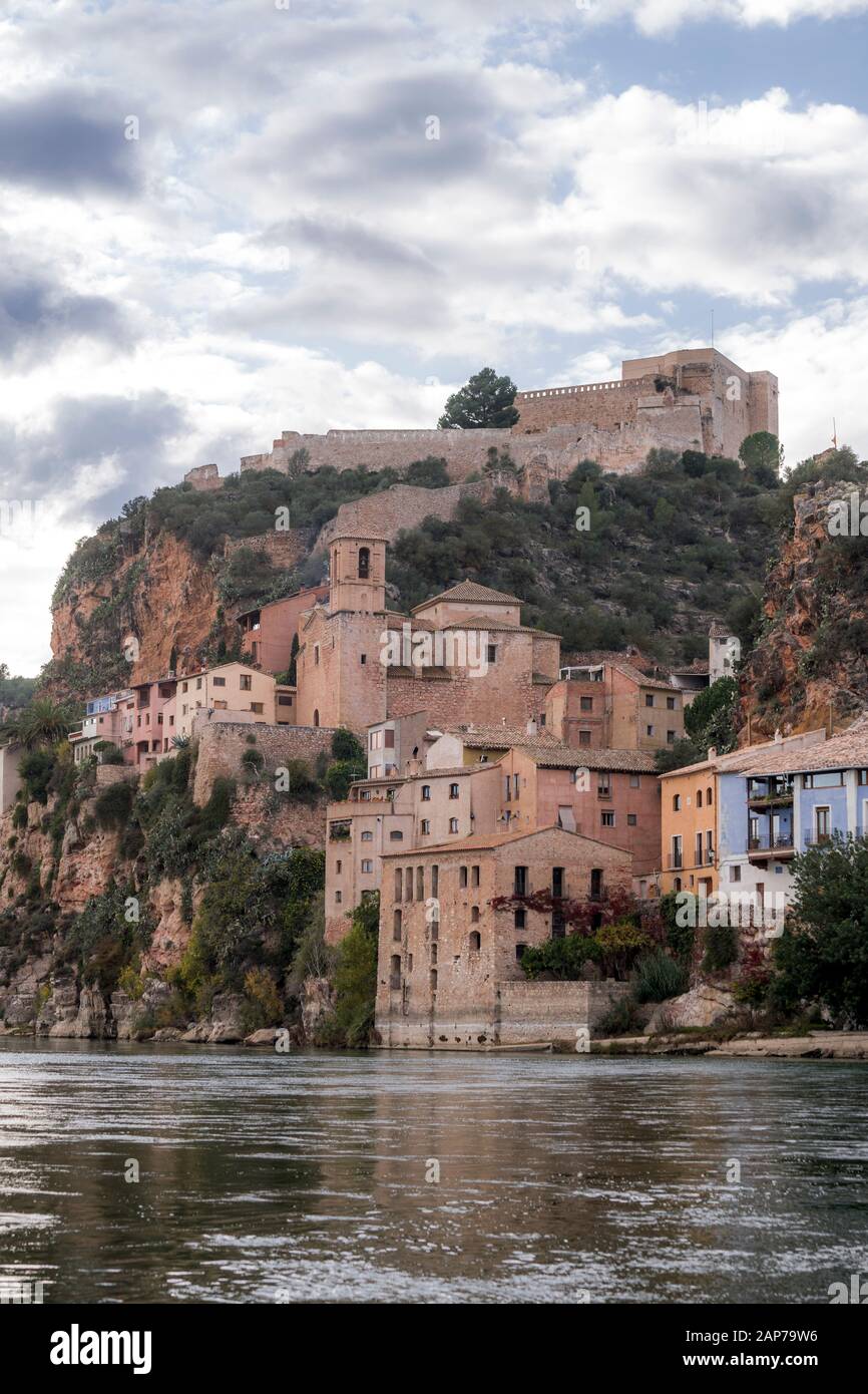 Miravet castle and city over the river Stock Photo - Alamy