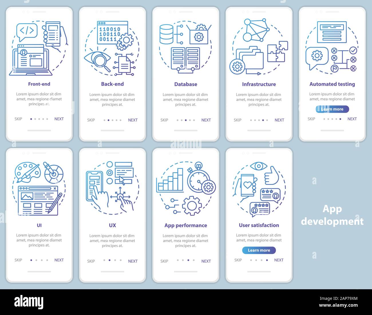 Application development onboarding mobile app page screen vector template. Software programming ...
