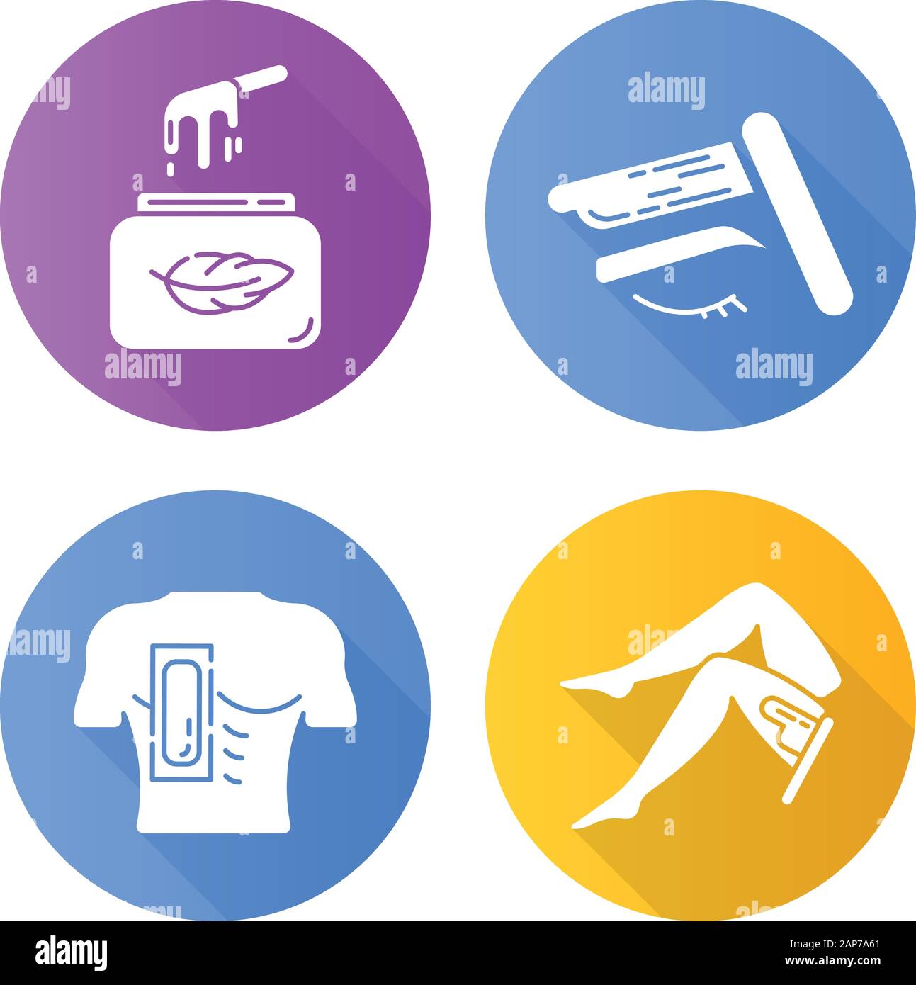 Soft waxing flat design long shadow glyph icons set. Chest, leg, brow ...