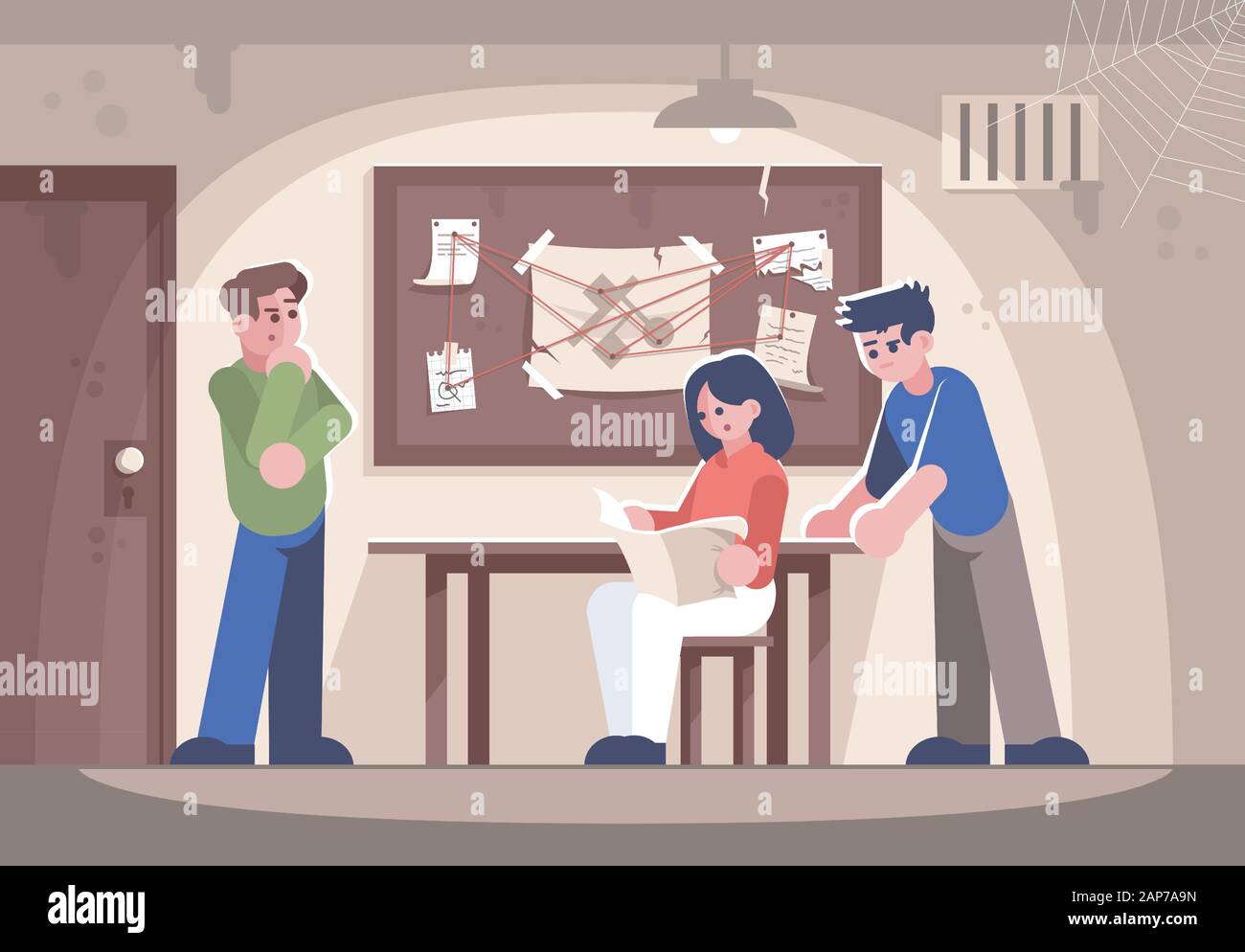 Friends in criminal quest room flat vector illustration. Woman and men ...