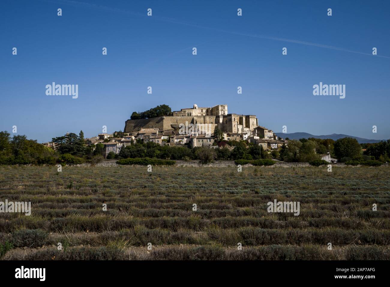 The famous typical Grignan village in provence at sunrise from above ...