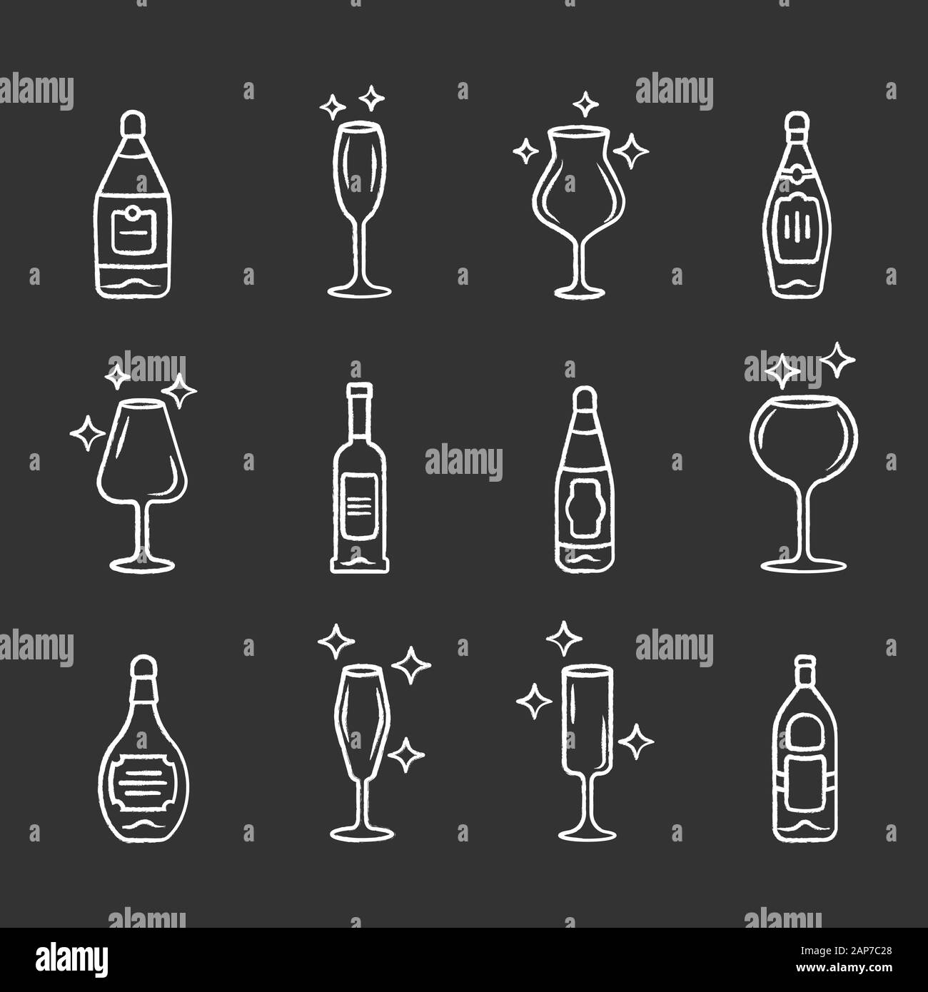 Alcohol drink glassware chalk icons set. Wine service elements. Crystal ...