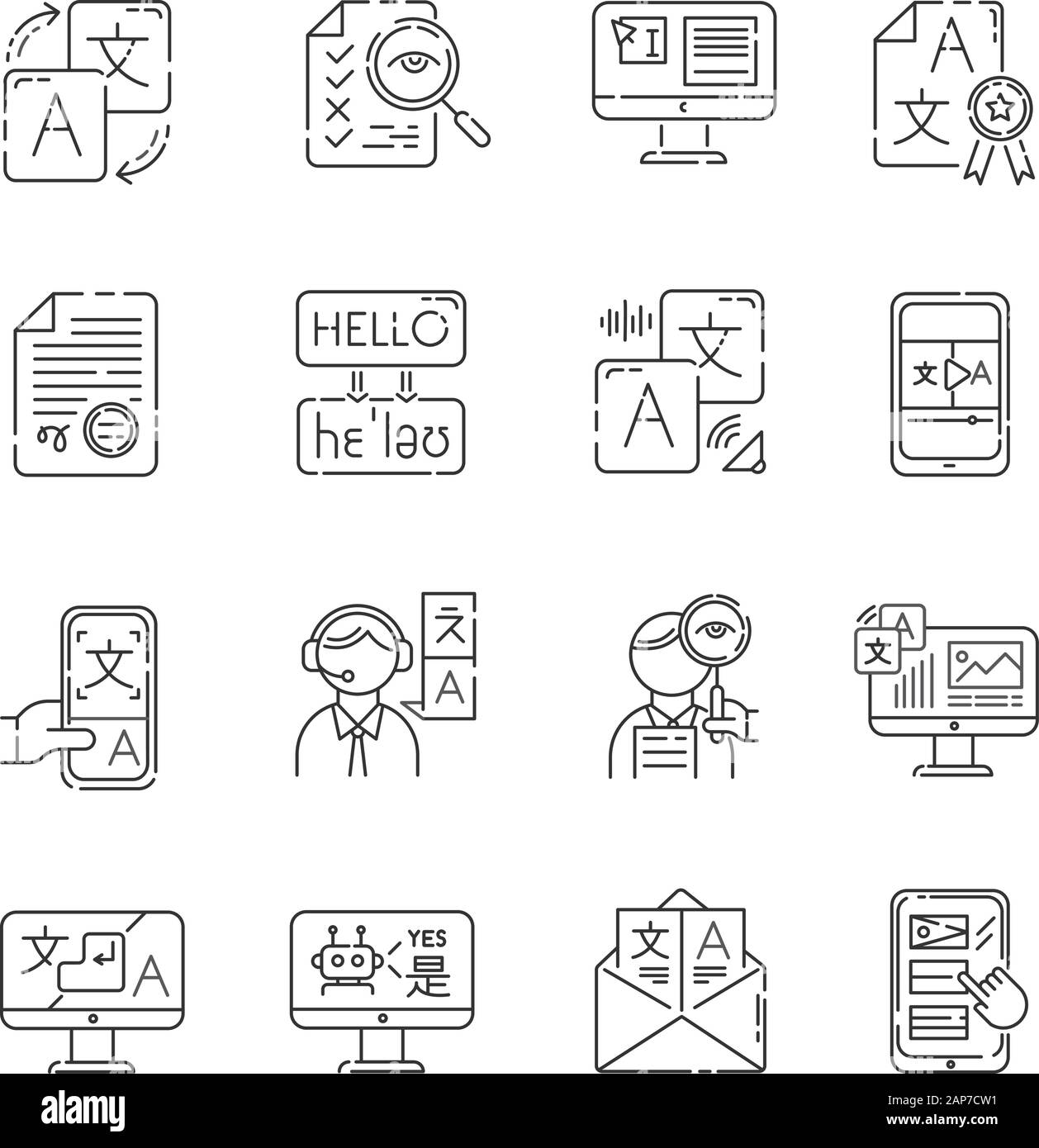 Language translation service linear icons set. Multilingual chatbot ...