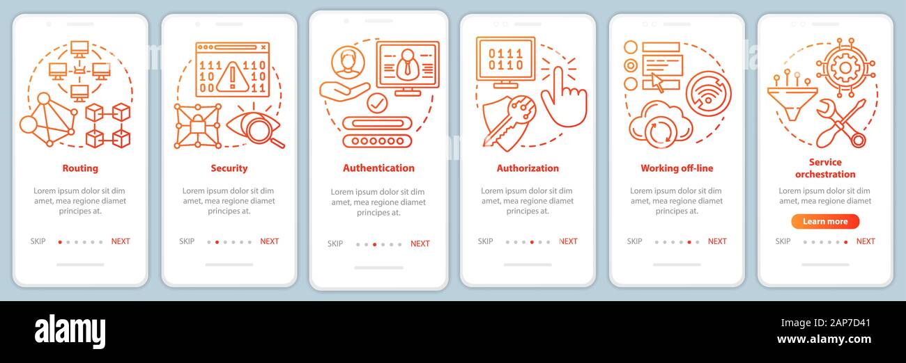 Mobile software development onboarding mobile app page screen vector template. App programming ...