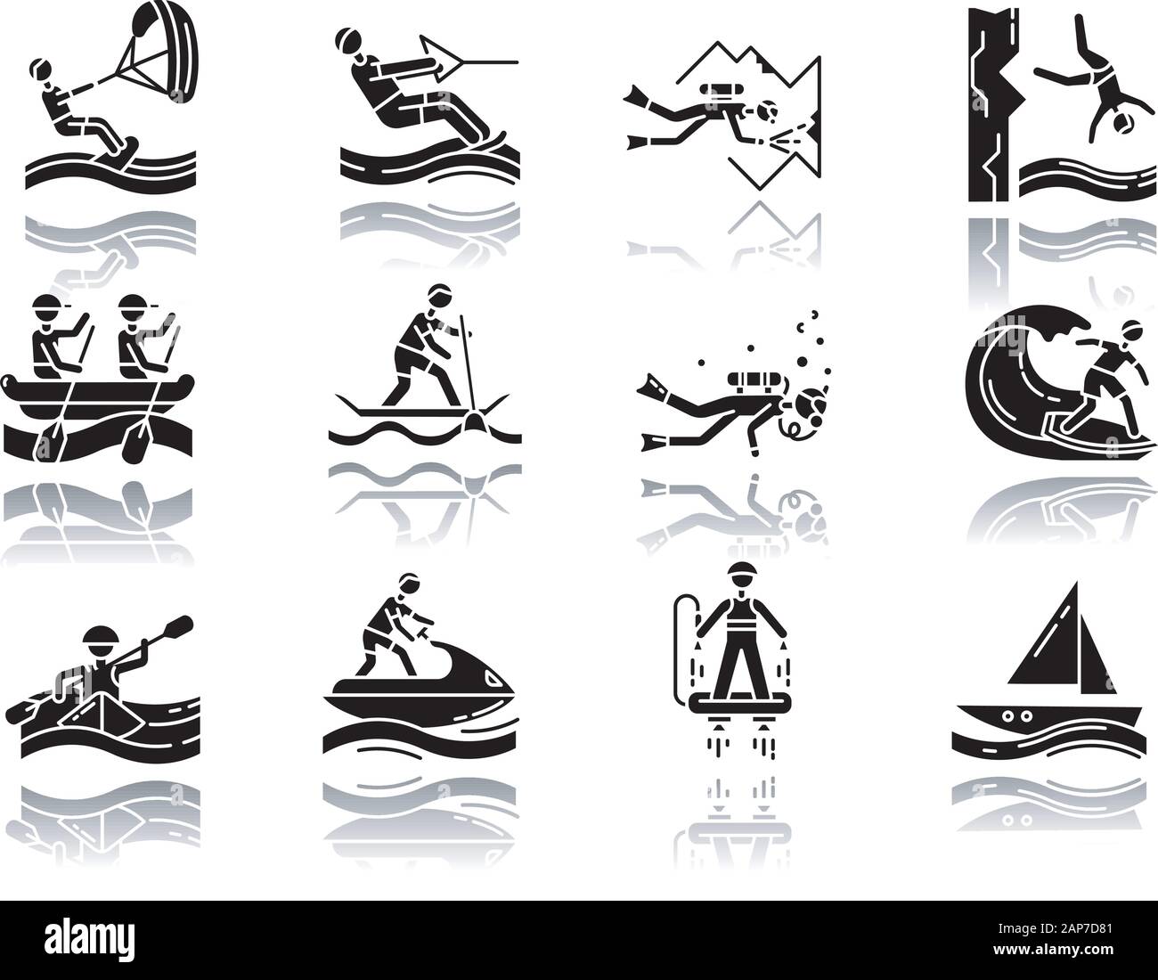 Watersports drop shadow black glyph icons set. Cave diving ...