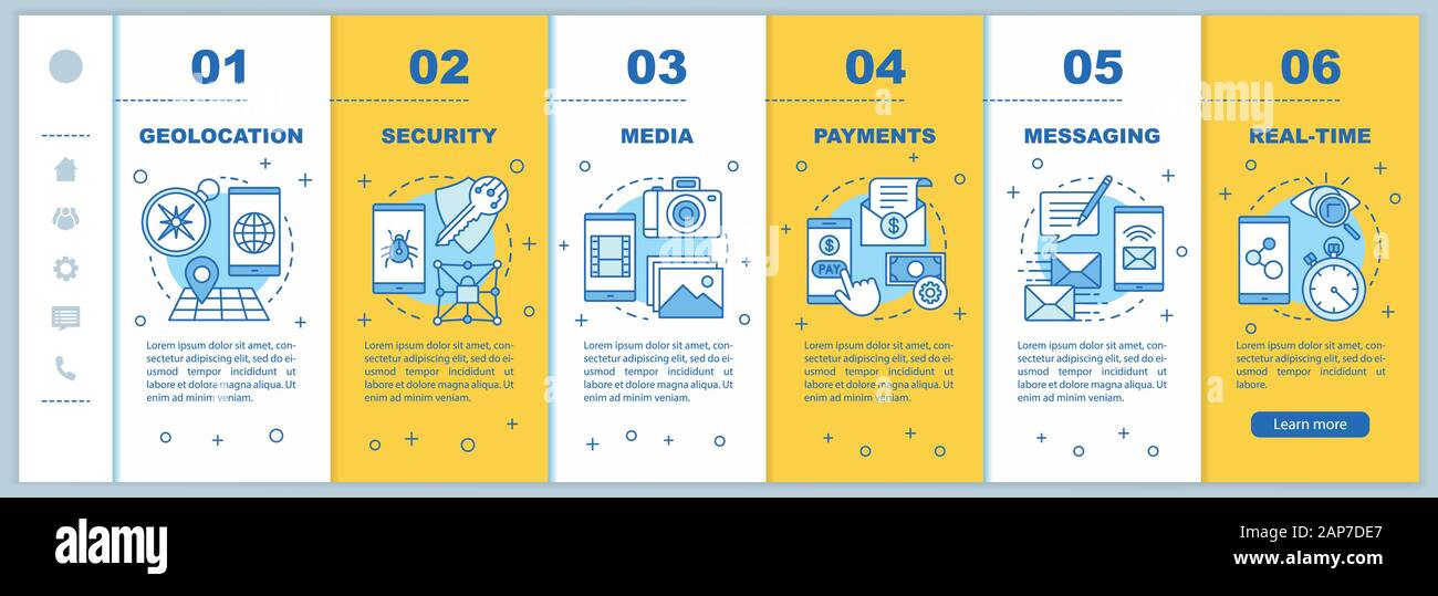 App development onboarding mobile web pages vector template. Media, security. Responsive ...