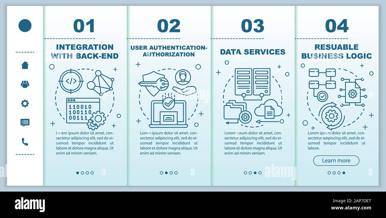 Integration with back-end onboarding mobile web pages vector template. Responsive smartphone ...