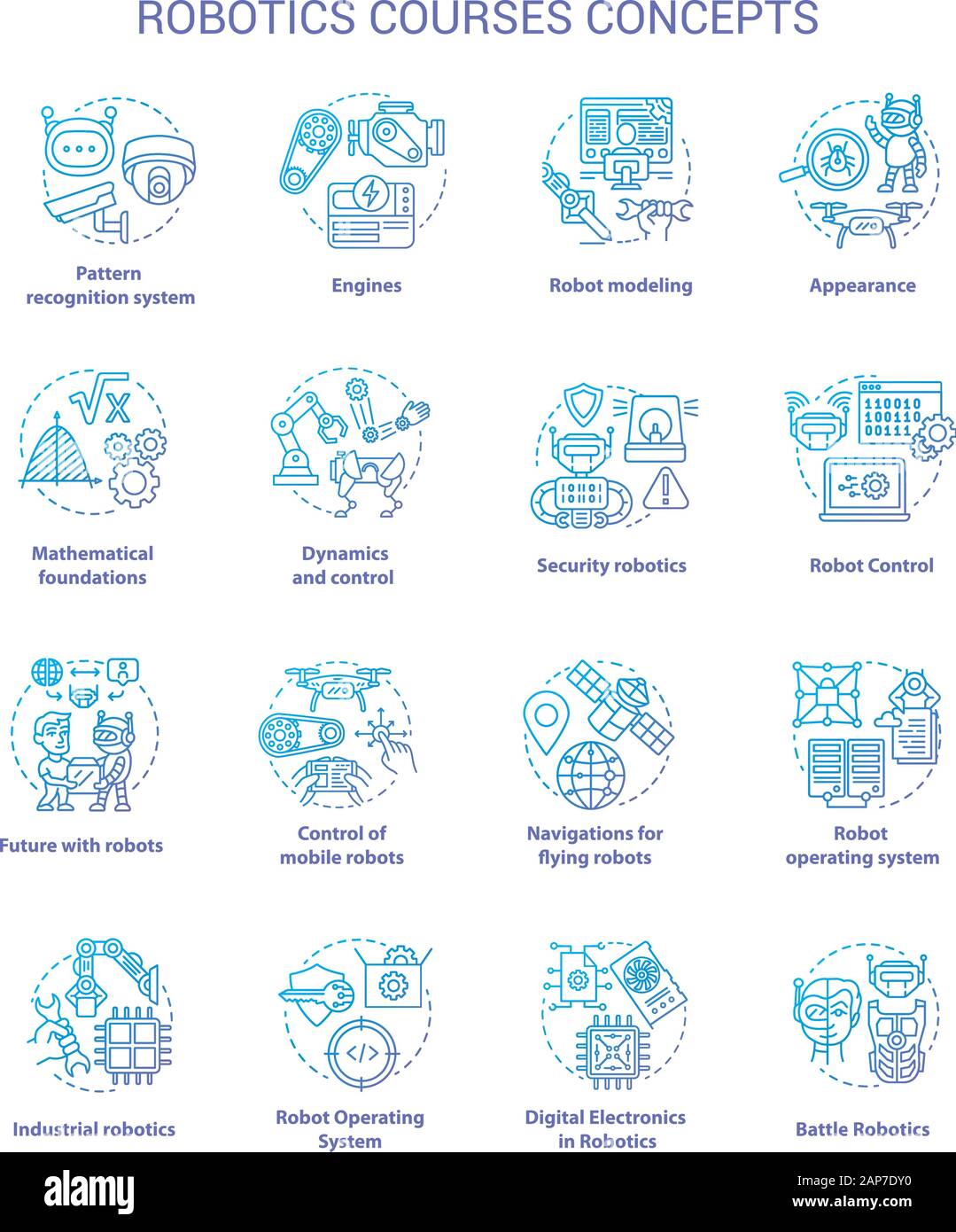 Robotics courses violet concept icons set. Creating robots idea thin line illustrations. Making ...