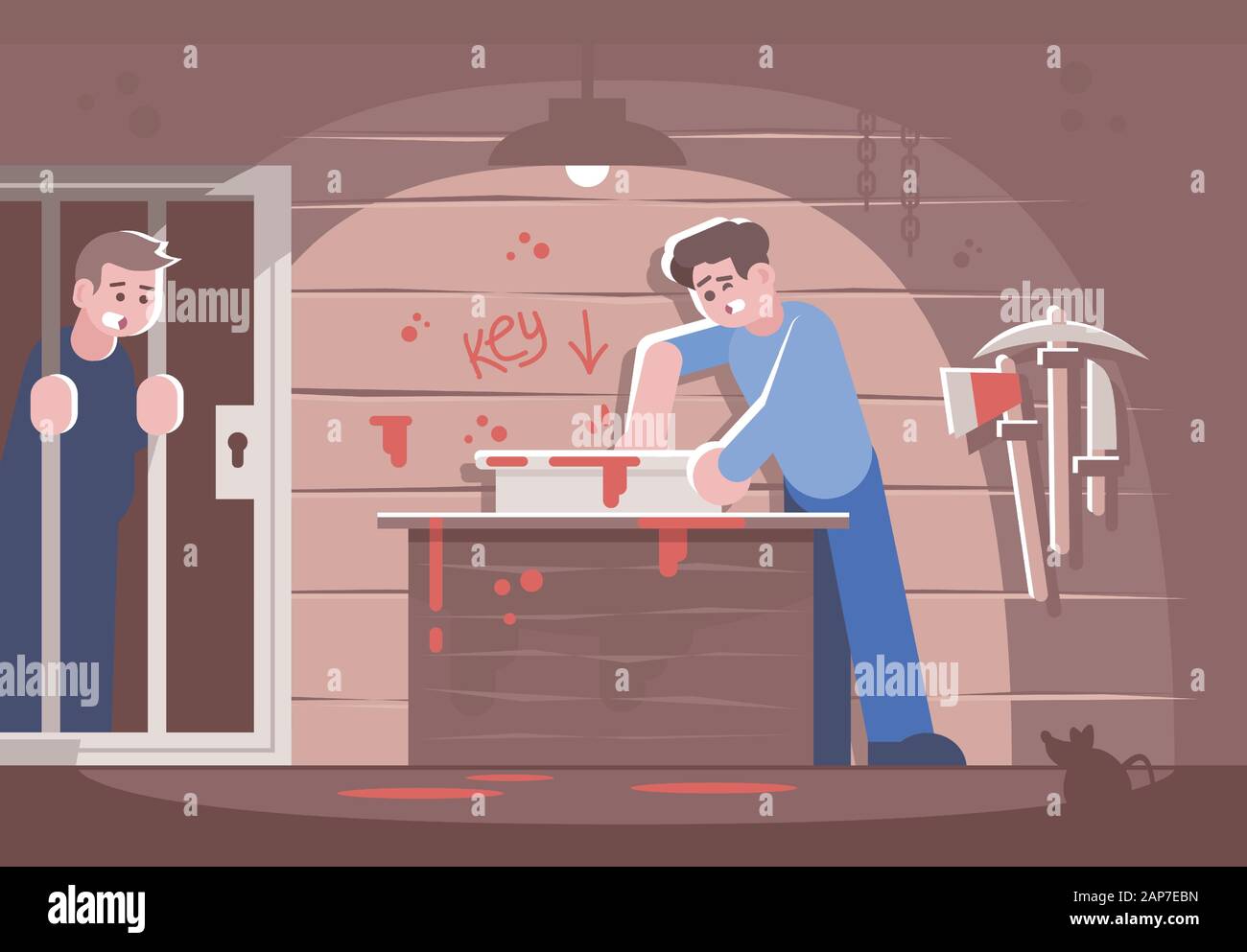 Friends in bloody escape room flat vector illustration. Men ...
