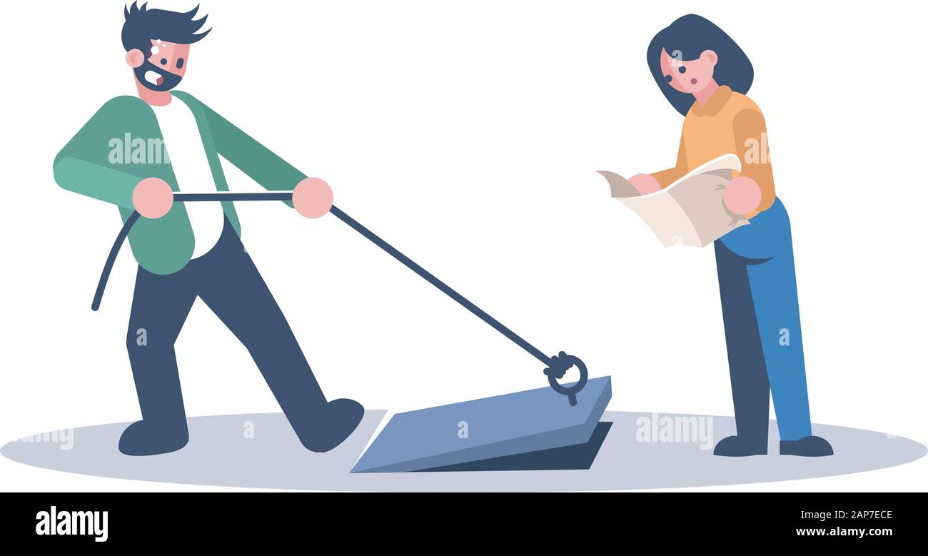 Friends in quest room flat vector illustration. Woman reading map, man ...