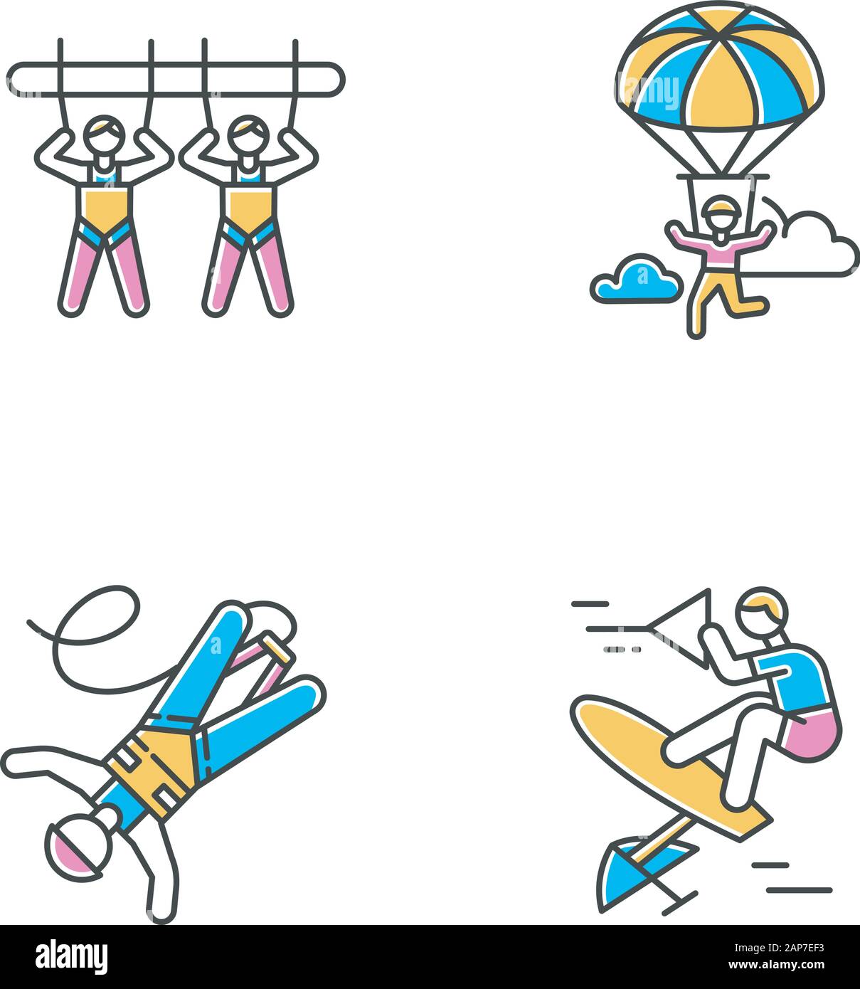 Air extreme sports color icons set. Giant swing, parachuting, bungee ...