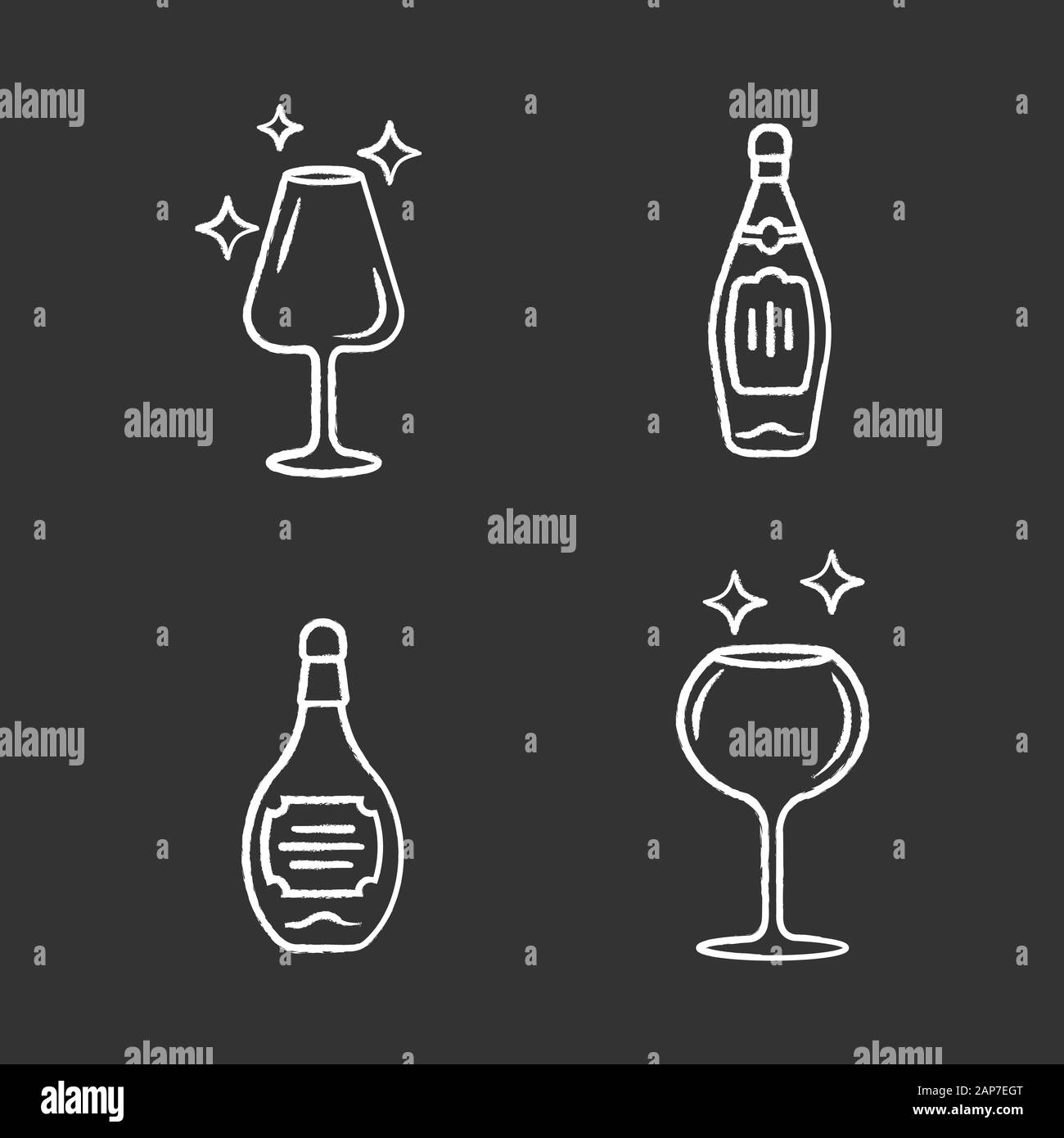 Alcohol drink glassware chalk icons set. Wine service elements. Crystal ...