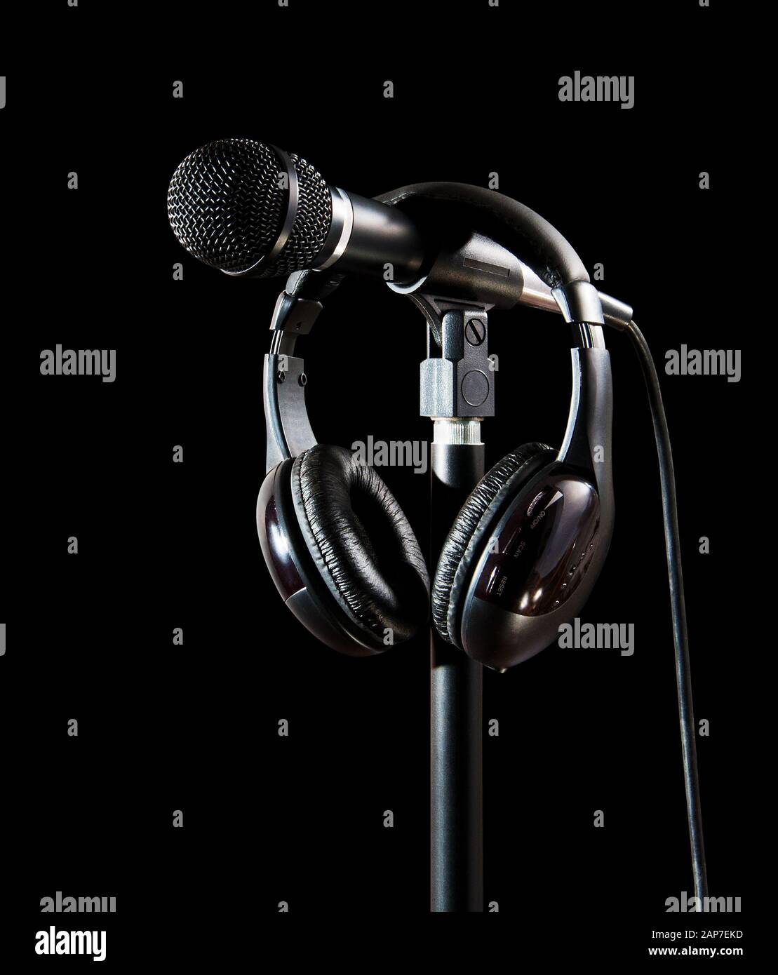 Studio Microphone and headset for recording singer on black background ...
