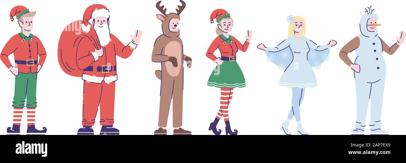 People wearing Christmas costumes flat vector illustrations set ...