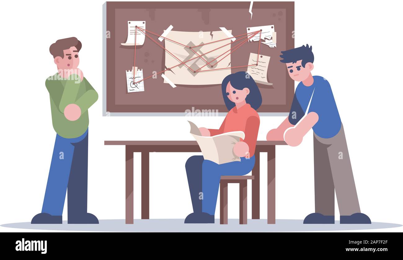 Friends in detective escape room flat vector illustration. Woman and ...