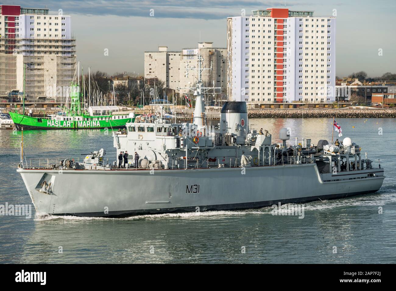 HMS Cattistock (M31) a Royal Navy Hunt Class mine warfare vessel seen ...