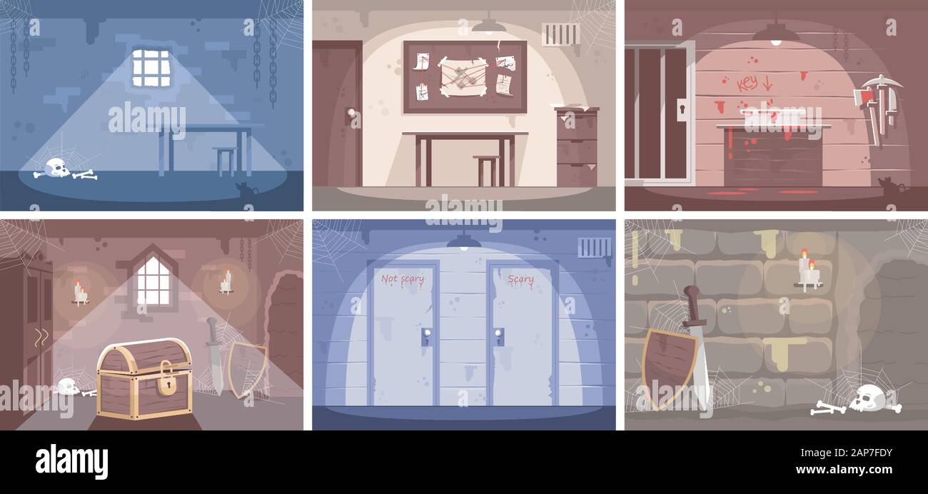 Empty escape room flat vector illustrations set. Labyrinth, prison cell ...
