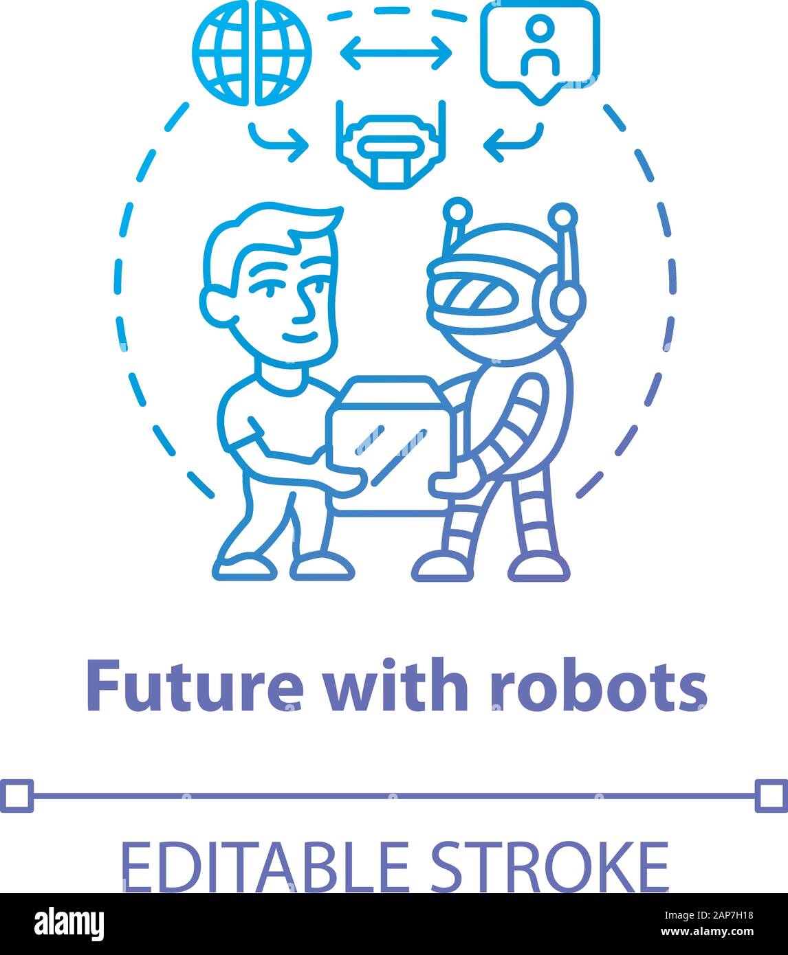 Future with robots blue gradient concept icon. Robotics in society idea ...