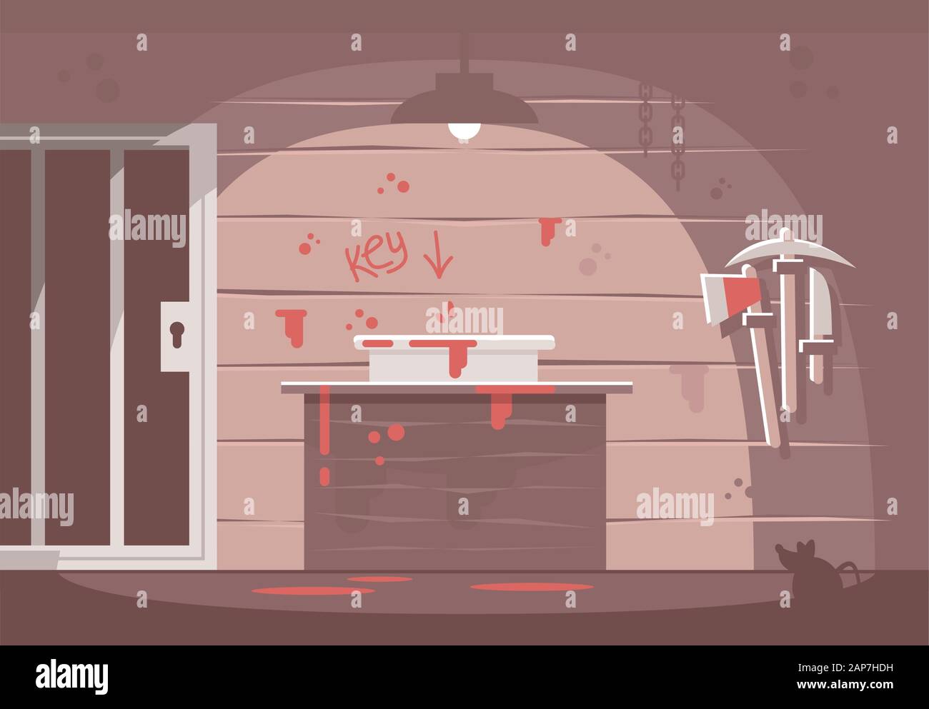 Horror themed escape room flat vector illustration. Prison cell and ...
