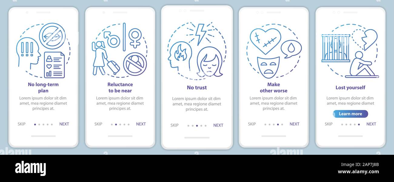 Relationship break up signs onboarding mobile app page screen with ...