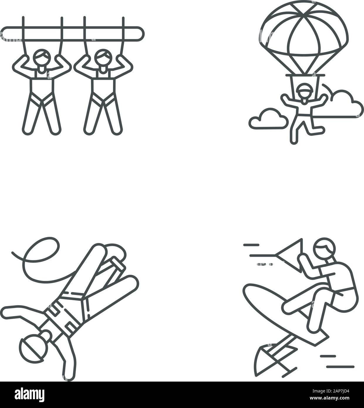 Air extreme sport linear icons set. Giant swing, parachuting, bungee ...