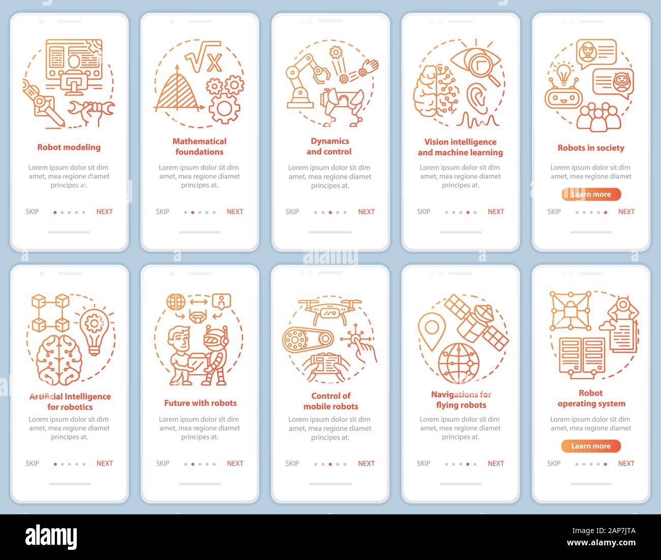 Robotics Courses Onboarding Mobile App Page Screen Vector Template Set Modeling Development Of