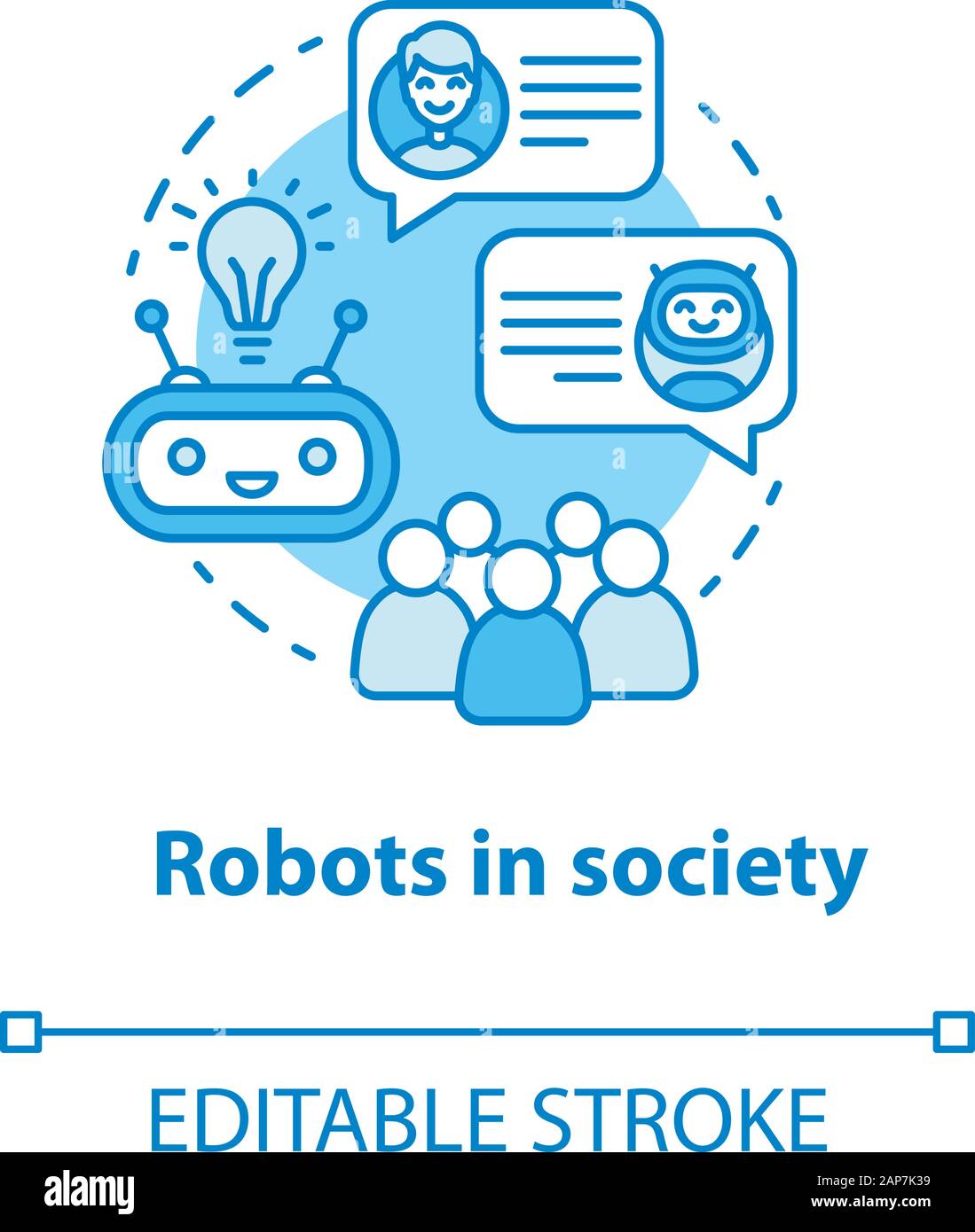 Robots in society blue concept icon. Communication with artificial ...