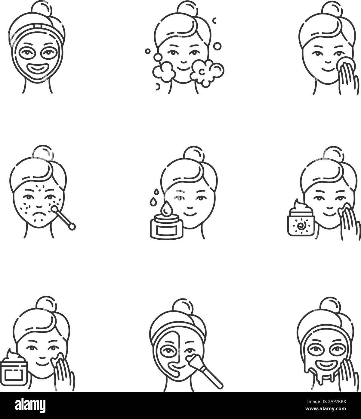 Skin care procedures linear icons set. Spot treatment for acne ...